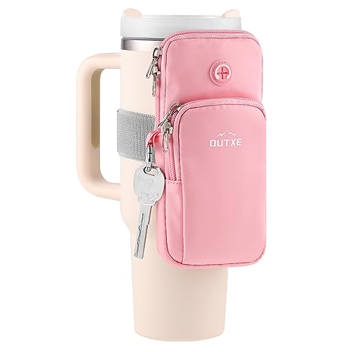 OUTXE Water Bottle Pouch for Stanley, Tumbler Pouch with Zipper Pocket for Women, Compatible With Stanley Quencher Adventure 40oz & IceFlow 20oz 30oz, Pink Stanley Cup Fanny Pack Accessory for Gym