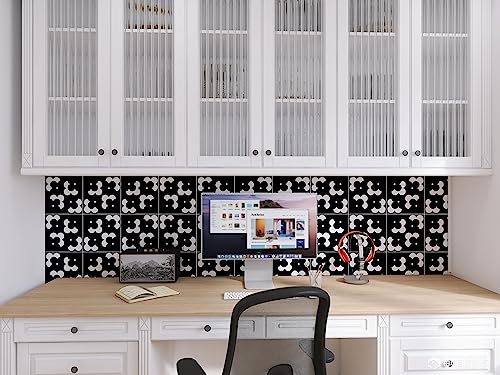 COLAMO Luxury Swatch Glossy Black Thicker Peel and Stick Kitchen Backsplash,Waterproof Self Adhesive Wall Tile,Faux Ceramic Tile,Stick on Accent Wall for Bathroom,Vanity,RV(White Floral Design,8”×8”)