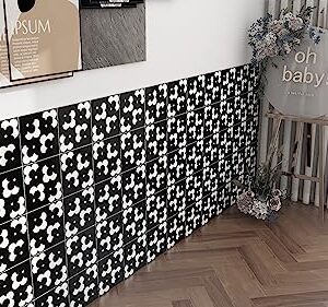 COLAMO Luxury Swatch Glossy Black Thicker Peel and Stick Kitchen Backsplash,Waterproof Self Adhesive Wall Tile,Faux Ceramic Tile,Stick on Accent Wall for Bathroom,Vanity,RV(White Floral Design,8”×8”)