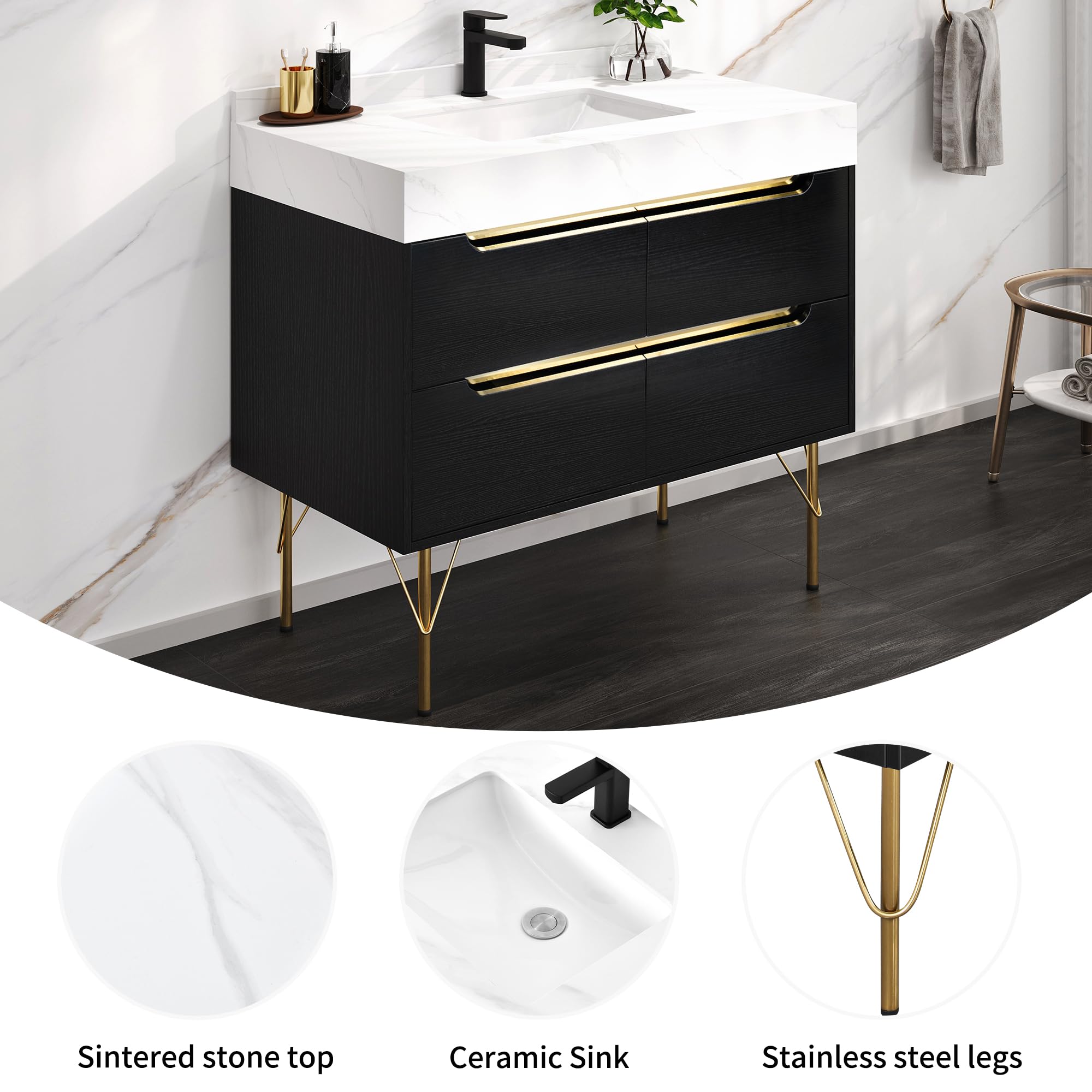 HERNEST Bathroom Vanity with Sink 36 Inch Bathroom Cabinet Freestanding Storage Vanity with Rock Panel Countertop, Ceramic Basin Sink and 4 Drawers, Black