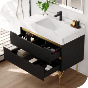 HERNEST Bathroom Vanity with Sink 36 Inch Bathroom Cabinet Freestanding Storage Vanity with Rock Panel Countertop, Ceramic Basin Sink and 4 Drawers, Black