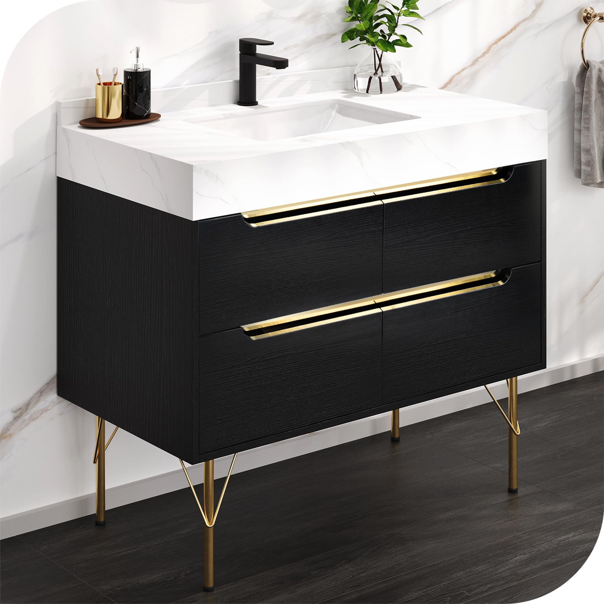 HERNEST Bathroom Vanity with Sink 36 Inch Bathroom Cabinet Freestanding Storage Vanity with Rock Panel Countertop, Ceramic Basin Sink and 4 Drawers, Black