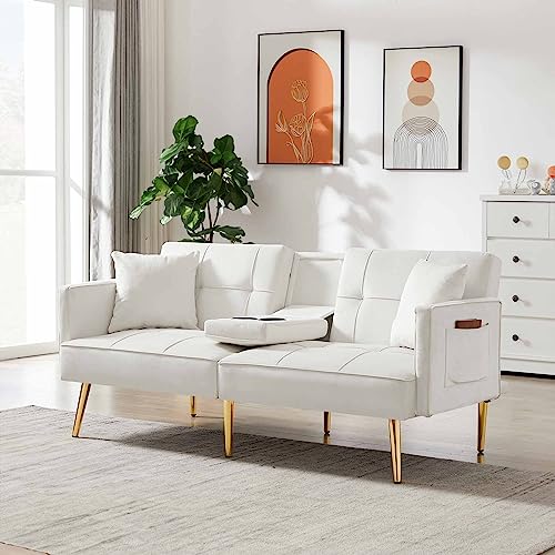 RIDFY 69” Convertible Futon Sofa Bed 2 Cup Holders, Modern Tufted Velvet Sleeper Couch with Metal Legs,Side Pocket,Folding Upholstered Loveseat,Memory Foam Living Seat Daybed,White