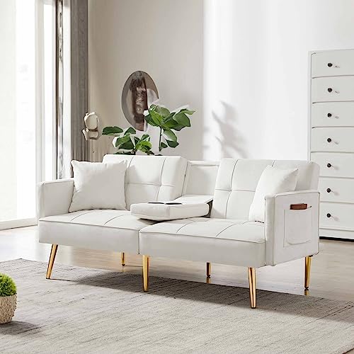 RIDFY 69” Convertible Futon Sofa Bed 2 Cup Holders, Modern Tufted Velvet Sleeper Couch with Metal Legs,Side Pocket,Folding Upholstered Loveseat,Memory Foam Living Seat Daybed,White