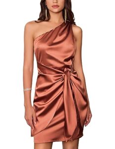 grace karin satin dresses for women 2023 elegant wedding guest sleeveless one shoulder mini dress brown