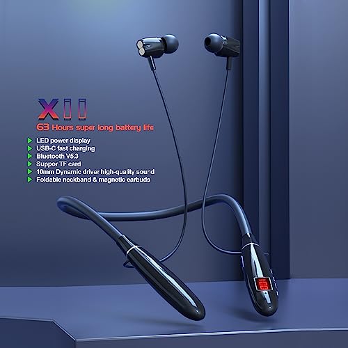 63H Playback Time Bluetooth 5.3 Neckband Bluetooth Headphones, in Ear Wireless Earphones with Digital Display, Game Mode, 7 EQ Modes, Support TF Card, Multi-point Connection, USB-C Fast Charging