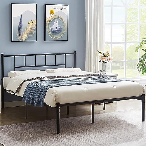 VECELO Queen Bed Frame, 14 Inch Metal Platform with Headboard, Heavy Duty Steel Slat Support, No Box Spring Needed, Easy Assembly