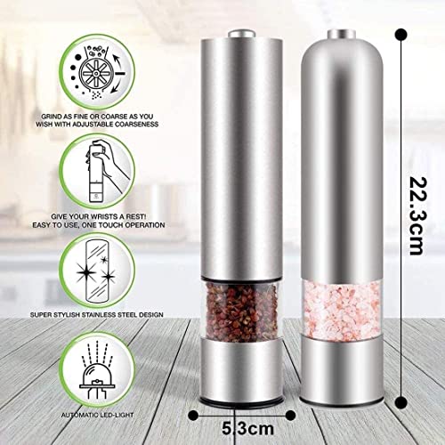 Stainless Steel Electric Salt And Pepper Grinder Set, Ceramic Grinding Blades, Automatic Grinder Shaker Battery Operated (2 Pack) Household