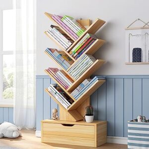 YOXIER Bookshelf,6 Tier Tree Bookshelf,6 Shelf Bookcase with Drawer,Free Standing Tree Bookcase,Simplicity Book Storage,Bearing Capacity Space Saving for Storing & Organizing Books in The Home Office