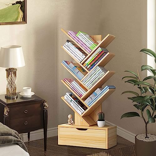 YOXIER Bookshelf,6 Tier Tree Bookshelf,6 Shelf Bookcase with Drawer,Free Standing Tree Bookcase,Simplicity Book Storage,Bearing Capacity Space Saving for Storing & Organizing Books in The Home Office