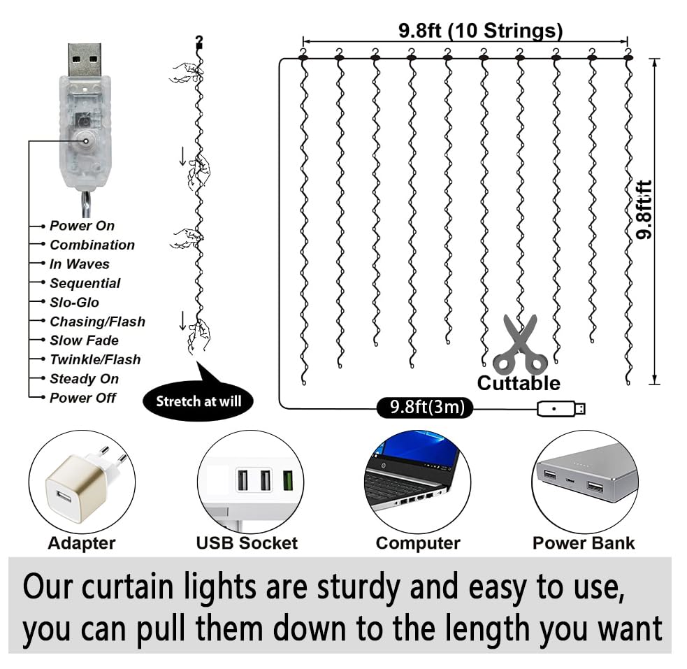 Eueasy 300 LED Curtain Lights, 9.8ft x 9.8ft Fairy Lights with 8 Modes, String Hanging Lights, Remote Control, Perfect for Indoor/Outdoor Christmas, Wedding, Party Wall Decorations (Warm White)