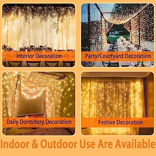 Eueasy 300 LED Curtain Lights, 9.8ft x 9.8ft Fairy Lights with 8 Modes, String Hanging Lights, Remote Control, Perfect for Indoor/Outdoor Christmas, Wedding, Party Wall Decorations (Warm White)