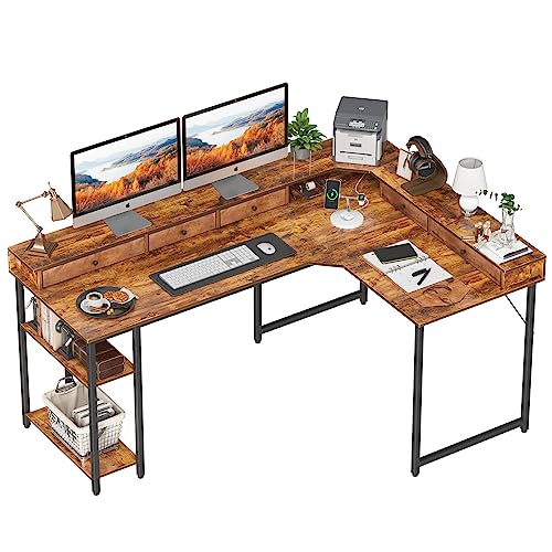 Treesland L Shaped Desk, 67 Inch Computer Desk with 5 Drawers, Wooden Office Desk with Monitor Stand, Sturdy Corner Writing Desk, Rustic Brown