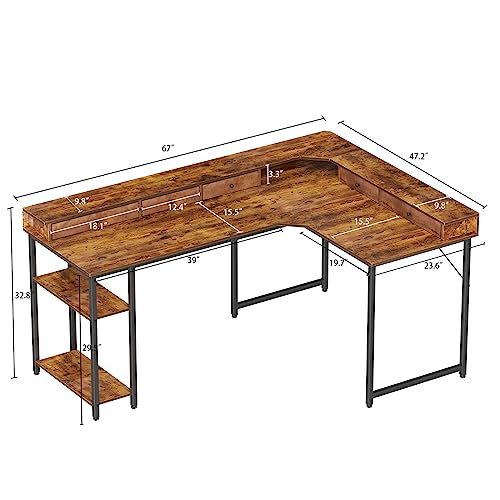 Treesland L Shaped Desk, 67 Inch Computer Desk with 5 Drawers, Wooden Office Desk with Monitor Stand, Sturdy Corner Writing Desk, Rustic Brown