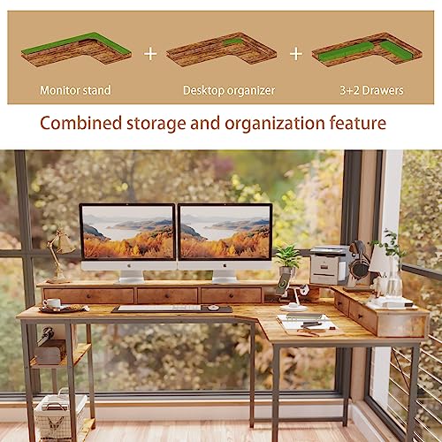 Treesland L Shaped Desk, 67 Inch Computer Desk with 5 Drawers, Wooden Office Desk with Monitor Stand, Sturdy Corner Writing Desk, Rustic Brown