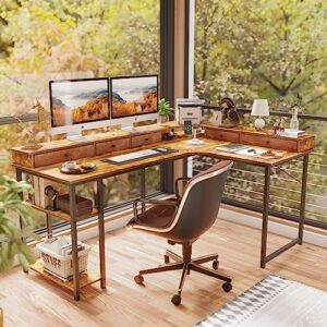 Treesland L Shaped Desk, 67 Inch Computer Desk with 5 Drawers, Wooden Office Desk with Monitor Stand, Sturdy Corner Writing Desk, Rustic Brown