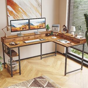 Treesland L Shaped Desk, 67 Inch Computer Desk with 5 Drawers, Wooden Office Desk with Monitor Stand, Sturdy Corner Writing Desk, Rustic Brown