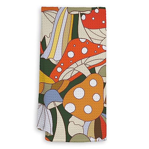 HIWX Retro 70s Hippie Groovy Mushroom Decorative Kitchen Towels and Dish Towels,Trendy Preppy Boho Mushroom Hand Towels Tea Towel for Bathroom Kitchen Decor 16×24 Inches