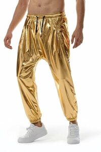 grajtcin metallic shiny jogger sweatpants for men 70s/80s disco party rave sequin pants elastic trousers for men with pockets solid gold l