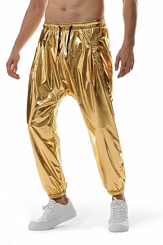 GRAJTCIN Metallic Shiny Jogger Sweatpants for Men 70s/80s Disco Party Rave Sequin Pants Elastic Trousers for Men with Pockets Solid Gold L