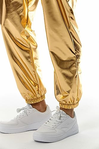 GRAJTCIN Metallic Shiny Jogger Sweatpants for Men 70s/80s Disco Party Rave Sequin Pants Elastic Trousers for Men with Pockets Solid Gold L