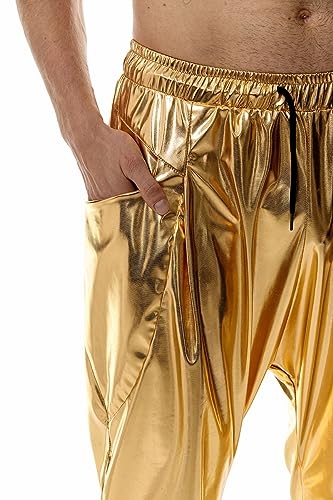 GRAJTCIN Metallic Shiny Jogger Sweatpants for Men 70s/80s Disco Party Rave Sequin Pants Elastic Trousers for Men with Pockets Solid Gold L