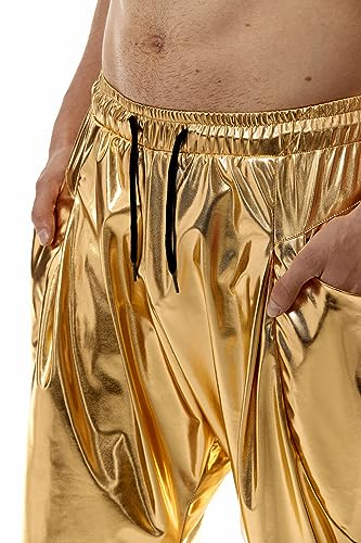 GRAJTCIN Metallic Shiny Jogger Sweatpants for Men 70s/80s Disco Party Rave Sequin Pants Elastic Trousers for Men with Pockets Solid Gold L