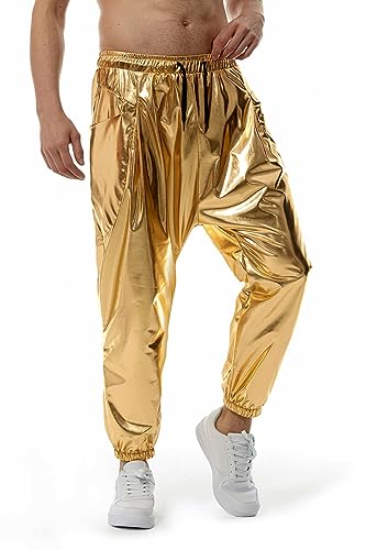 GRAJTCIN Metallic Shiny Jogger Sweatpants for Men 70s/80s Disco Party Rave Sequin Pants Elastic Trousers for Men with Pockets Solid Gold L