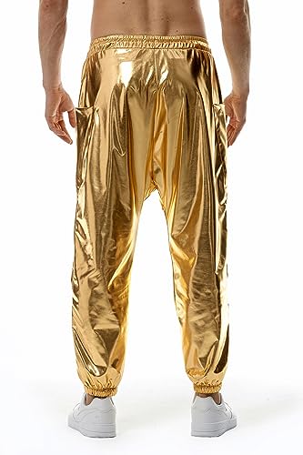 GRAJTCIN Metallic Shiny Jogger Sweatpants for Men 70s/80s Disco Party Rave Sequin Pants Elastic Trousers for Men with Pockets Solid Gold L