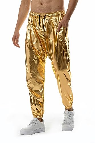 GRAJTCIN Metallic Shiny Jogger Sweatpants for Men 70s/80s Disco Party Rave Sequin Pants Elastic Trousers for Men with Pockets Solid Gold L