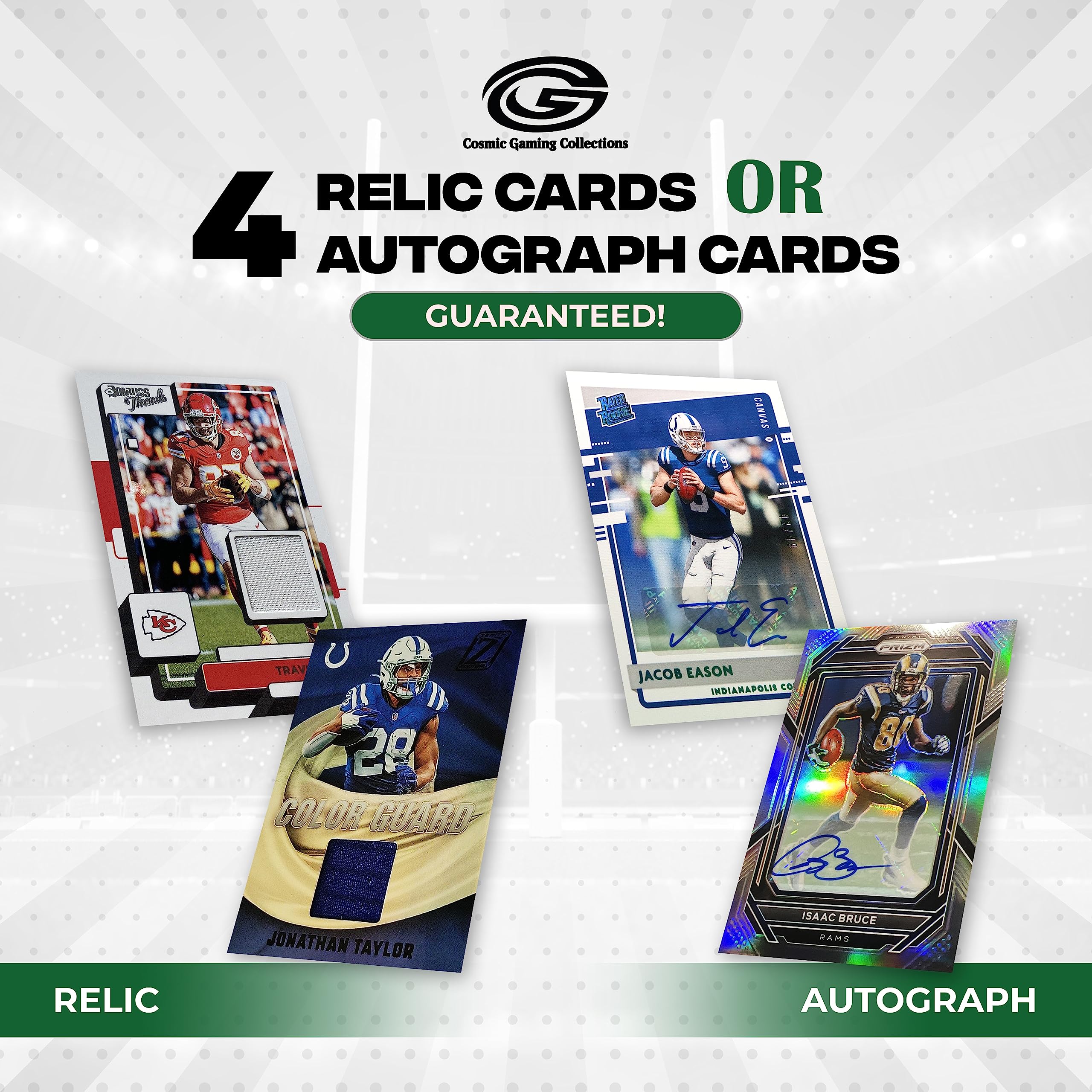 Deluxe Football Card Mystery Box | 100x Official Cards | 10x Hall of Famers | 10x Rookies | 4X Autograph or Relic Cards Guaranteed | by Cosmic Gaming Collections