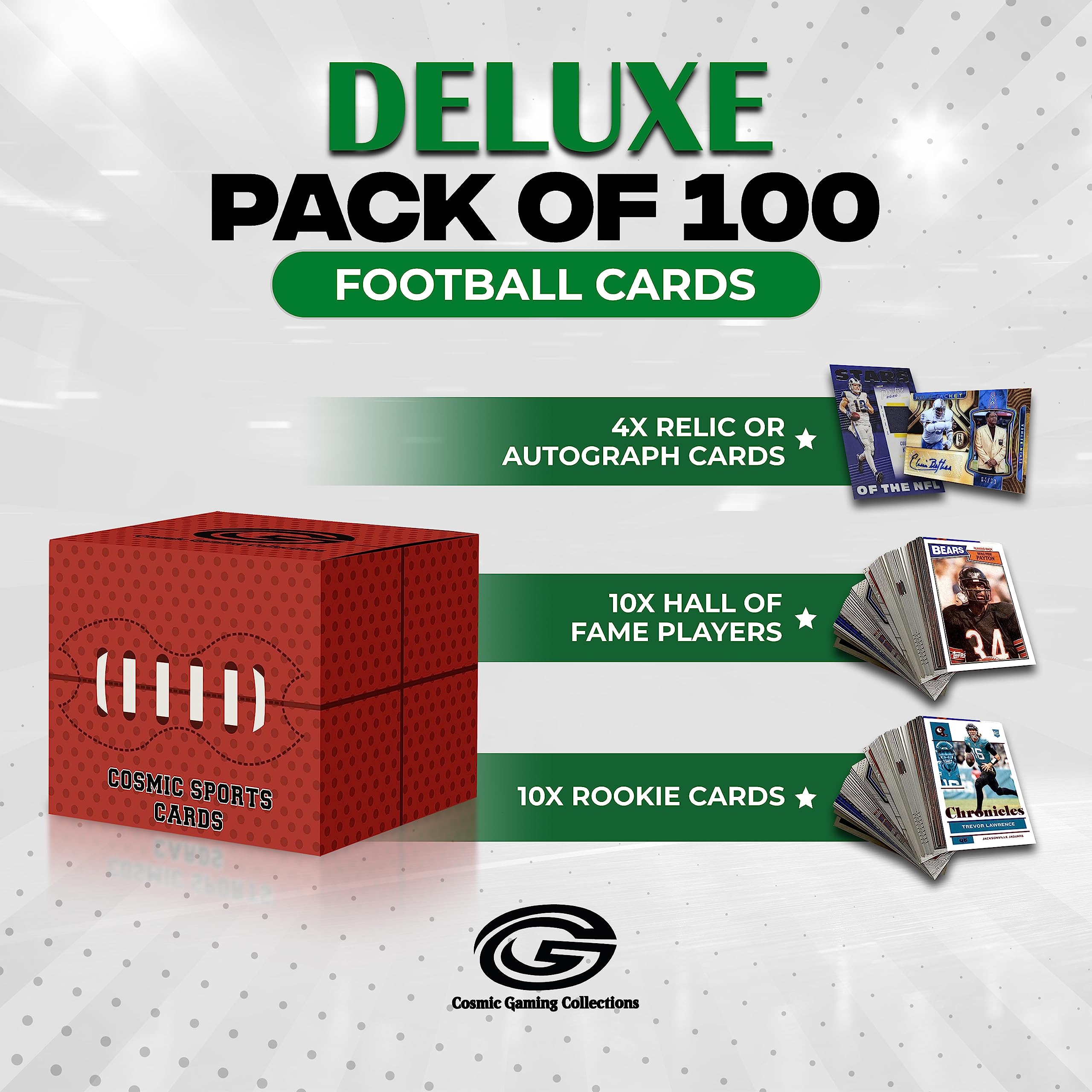 Deluxe Football Card Mystery Box | 100x Official Cards | 10x Hall of Famers | 10x Rookies | 4X Autograph or Relic Cards Guaranteed | by Cosmic Gaming Collections