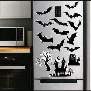 Whaline 16Pcs Halloween Refrigerator Magnets Black Bat Fridge Magnets Happy Halloween Magnet Bat Stickers Decorative for Locker Home Locker Garage Door Mailbox Microwave Cabinet Decal