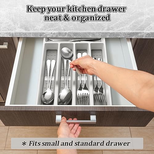 CherHome Silverware Organizer with Cutlery Icons，Silverware Tray for Kitchen Drawer，Plastic Flatware Tableware Silverware Drawer Organizer Utensil Organizer with Non-slip TPR Linings，5-Compartment（Grey）