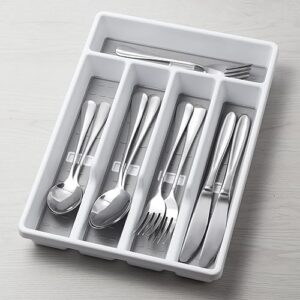 CherHome Silverware Organizer with Cutlery Icons，Silverware Tray for Kitchen Drawer，Plastic Flatware Tableware Silverware Drawer Organizer Utensil Organizer with Non-slip TPR Linings，5-Compartment（Grey）