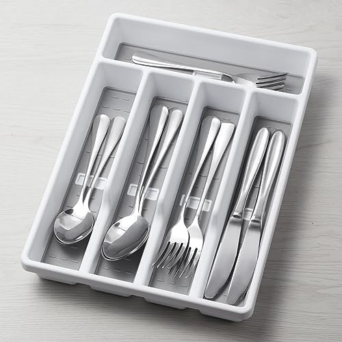 CherHome Silverware Organizer with Cutlery Icons，Silverware Tray for Kitchen Drawer，Plastic Flatware Tableware Silverware Drawer Organizer Utensil Organizer with Non-slip TPR Linings，5-Compartment（Grey）