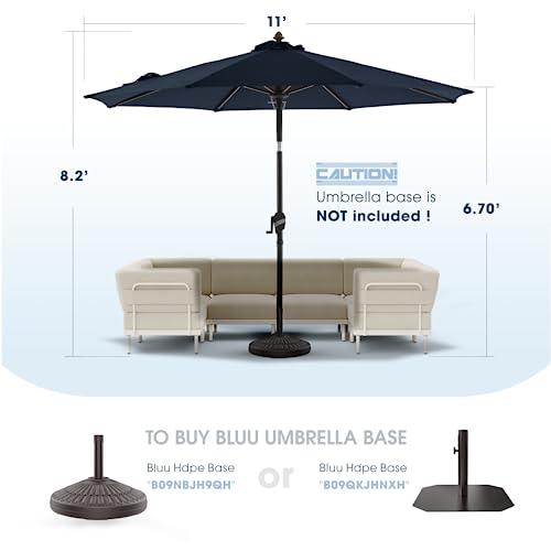 BLUU Pro 11 FT Patio Umbrella Outdoor Table Umbrellas, 36 Month Fade Resistance, Market Center Umbrellas with 8 Strudy Ribs & Push Button Tilt for Garden, Lawn & Pool (Navy Blue with 600D Oxford Fabric for Umbrella Cover)