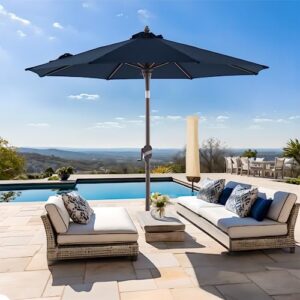 bluu pro 11 ft patio umbrella outdoor table umbrellas, 36 month fade resistance, market center umbrellas with 8 strudy ribs & push button tilt for garden, lawn & pool (navy blue with 600d oxford fabric for umbrella cover)