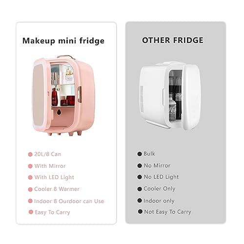 FIRRKEP Pink Skincare Fridge 20L with LED Lighted Mirror Makeup Fridge Cosmetic Beauty Fridge Mini Fridge for Skin Care for Bedroom dorm (Pink)