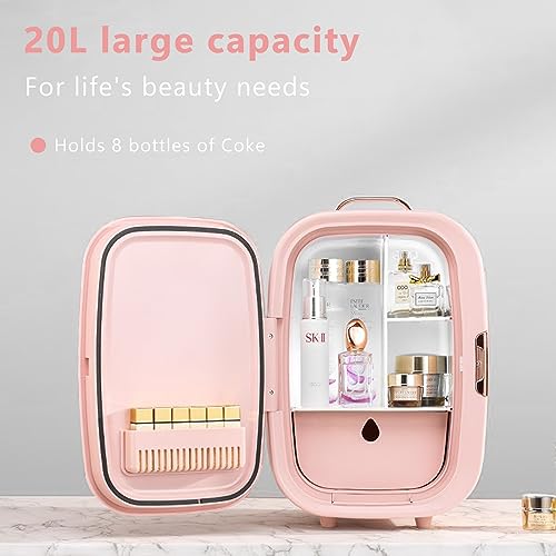 FIRRKEP Pink Skincare Fridge 20L with LED Lighted Mirror Makeup Fridge Cosmetic Beauty Fridge Mini Fridge for Skin Care for Bedroom dorm (Pink)