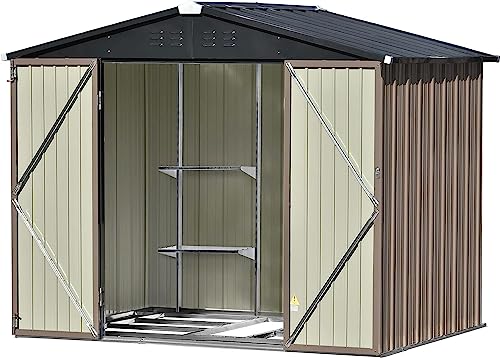 Merax Outdoor Storage Shed, 8X 6 FT Metal Garden Shed Steel Tool Shed Storage House with Adjustable Shelf and Lockable Doors,Tool Cabinet with Vents and Foundation for Backyard, Patio & Lawn, Brown