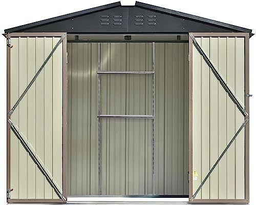 Merax Outdoor Storage Shed, 8X 6 FT Metal Garden Shed Steel Tool Shed Storage House with Adjustable Shelf and Lockable Doors,Tool Cabinet with Vents and Foundation for Backyard, Patio & Lawn, Brown