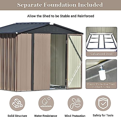 Merax Outdoor Storage Shed, 8X 6 FT Metal Garden Shed Steel Tool Shed Storage House with Adjustable Shelf and Lockable Doors,Tool Cabinet with Vents and Foundation for Backyard, Patio & Lawn, Brown