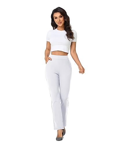 Agenlulu High Waisted Dress Pants for Women Bootcut Elastic Waist Pull On Work Slacks for Women Business Casual Yoga (White)