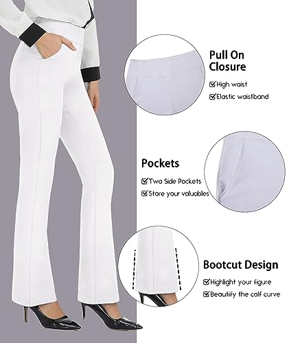 Agenlulu High Waisted Dress Pants for Women Bootcut Elastic Waist Pull On Work Slacks for Women Business Casual Yoga (White)