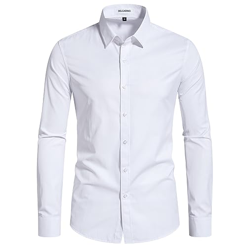 DELCARINO Men's Dress Shirts Stain Shield Stretch Slim Fit Shirts Wrinkle-Free Formal Business Button Down Shirt White Large