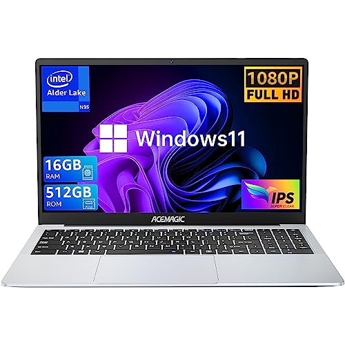 ACEMAGIC 15.6 inch Laptop Intel 12th Gen Alder Lake N95(4C/4T 3.4GHz) 16GB DDR4 512GB SSD, Laptop Computer with Light Metal Design, 2.4G/5G WiFi, BT5.0, Webcam, Type_C, USB3.2