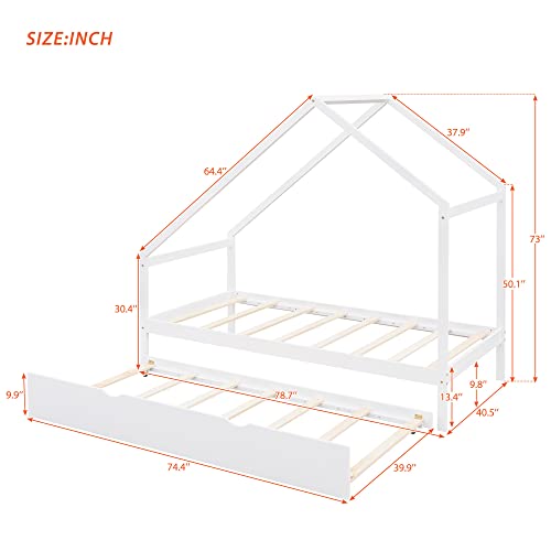 YuiHome Twin Size House Bed for Kids, Twin Size Bed Frame with Trundle Bed, Wooden Kids House Twin Bed Frame for Girls, Boys,No Box Spring Needed,White