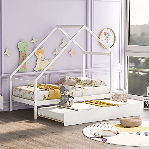 YuiHome Twin Size House Bed for Kids, Twin Size Bed Frame with Trundle Bed, Wooden Kids House Twin Bed Frame for Girls, Boys,No Box Spring Needed,White