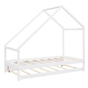 YuiHome Twin Size House Bed for Kids, Twin Size Bed Frame with Trundle Bed, Wooden Kids House Twin Bed Frame for Girls, Boys,No Box Spring Needed,White